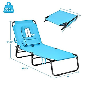 LIVIZA Folding Patio Lounge Chair, All-Weather Beach Lounge Chair, Outdoor Sunbathing Chair with Hole for Face, Adjustable Recliner Chaise Perfect for Garden Pool Beach (Turquoise)