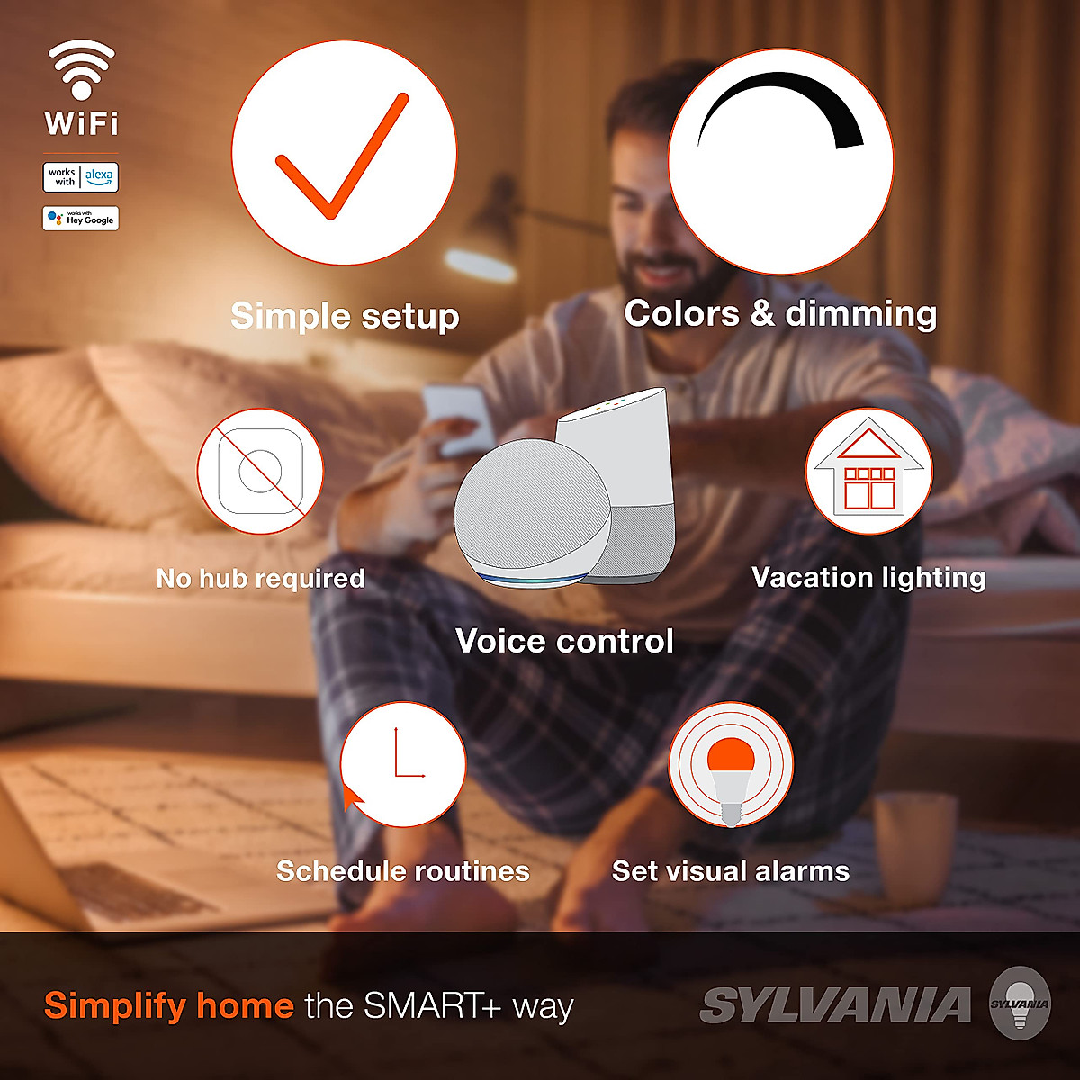SYLVANIA Wifi LED Smart Light Bulb, 60W Equivalent Dimmable Soft White A19, Compatible with Alexa and Google Home Only - 4 Pack (75672)
