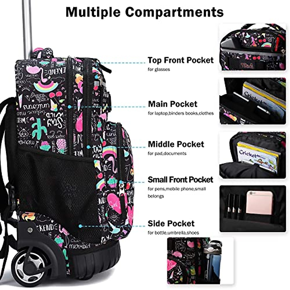 Tilami Rolling Backpack 19 inch with Lunch Bag Wheeled Laptop Backpack, Ins