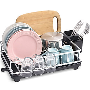 APEXCHASER Dish Drying Rack, Space-Saving Dish Rack for Kitchen Counter, Anti-Rust Aluminum Drying Dish Rack with Cutlery&Cup Holders, Kitchen Dish Drainers with Removable Tray for Various Kitchenware