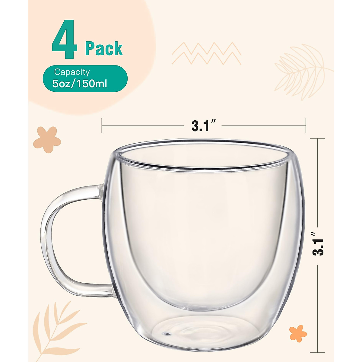 OYY Coffee Mugs Set of 4, 5oz Double Wall Glass Coffee Cups, Clear Expresso Mug with Spoons for Latte, Beverage, Tea, cappuccino