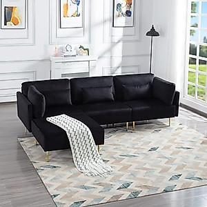 FULife Convertible Modular Sectional Sofa L-Shaped Corner Couch 4-Seat Sofá Reversible Velvet Upholstered Chaise Lounge Couches with Movable Ottoman&Lumbar Pillows for Living Room Apartment Office