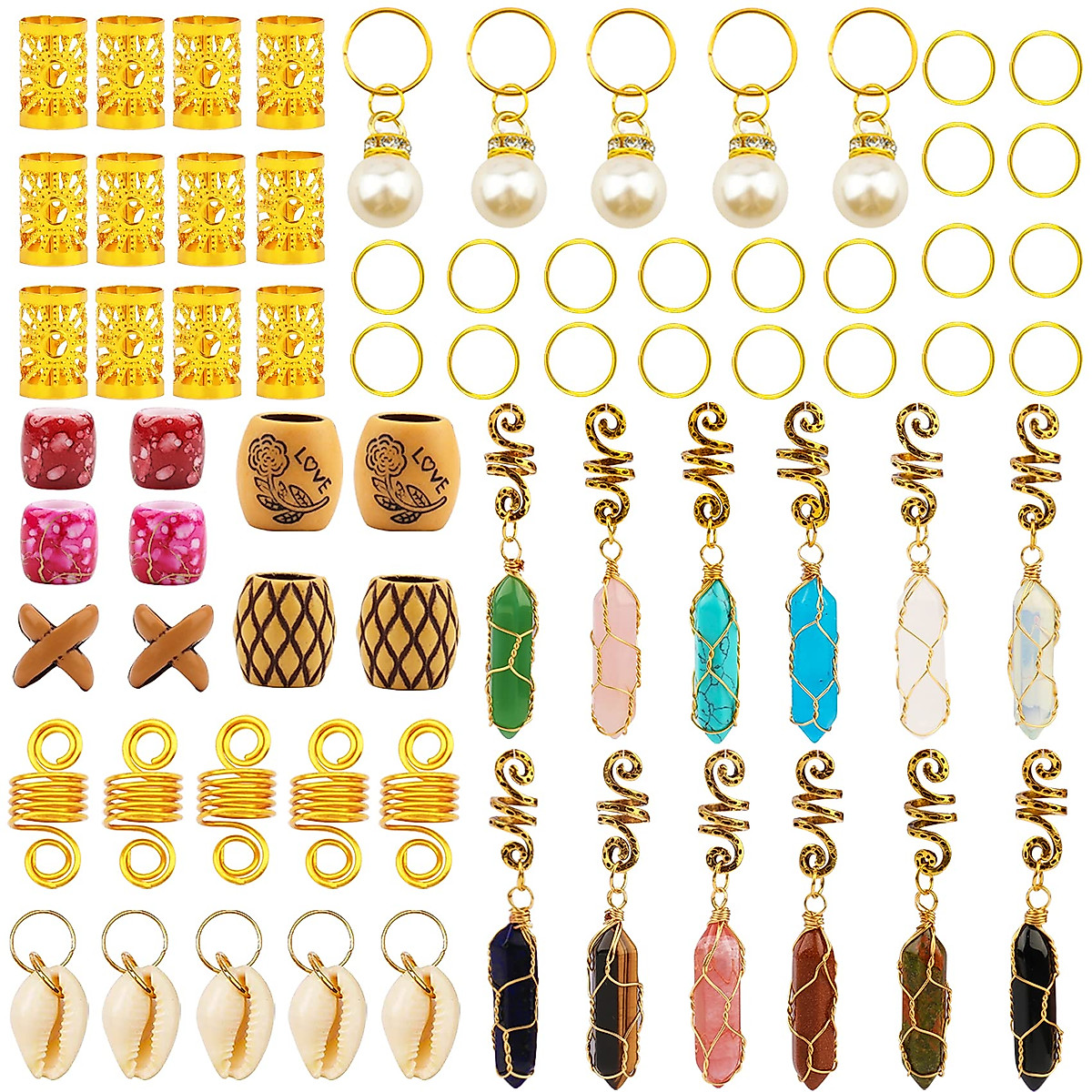 Messen 69 PCS Dreadlocks Jewelry Handemade Crystal Wire Wrapped Braids Hair Accessories Imitation Wood Beads Aluminum Hair Cuffs Coils Hair Rings Pearl Pendants for Hair Decoration (Gold)
