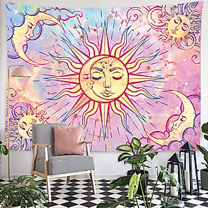 Ohjijinn Pastel Pink Tapestry Burning Sun Tapestry Mystic Tapestry Celestial Sun and Moon with Stars Tapestry Psychedelic Hippy Tie Dye Wall Hanging for Party Home Decor (Pastel, 51.2" x 59.1")