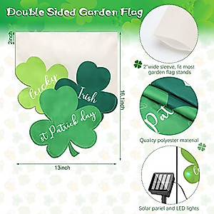 22 LED Solar St Patrick's Day Garden Flag 8 Lighting Modes 13 x 16.1 Inch Double Sided Vertical Shamrock Garden Flag for St Patrick's Day Garden Outdoor Yard Light Decoration