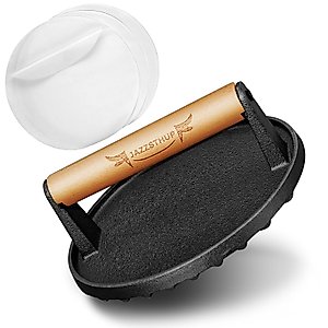Jazzsthup Smash Burger Press, 6.88" Round Bacon Press with Wood Handle, Perfect Hamburger Press Patty Maker, Food-Grade Cast Iron Burger Smasher for Griddle incl. 20Pcs Patty Paper