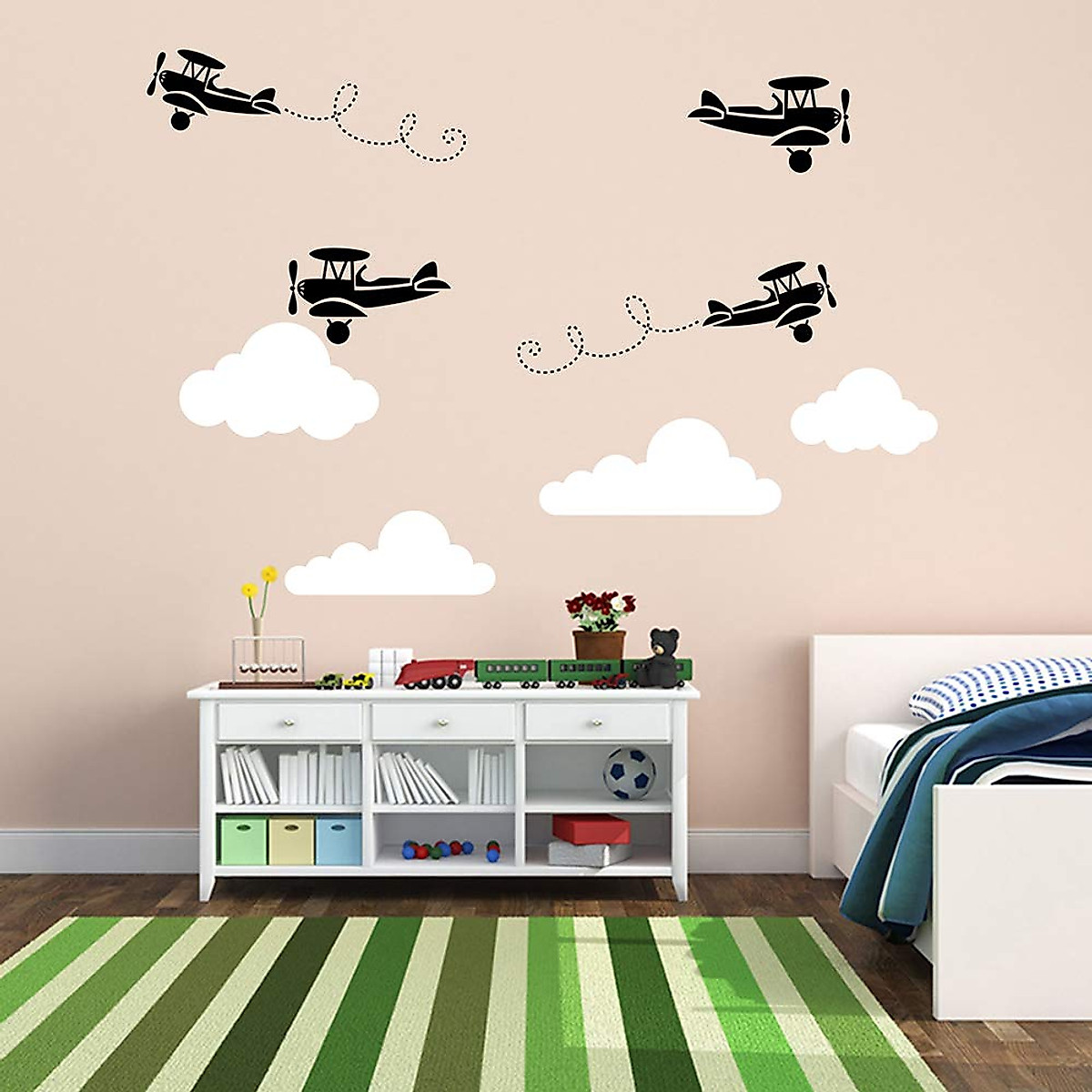 JUEKUI Airplane Wall Sticker Aircraft with Clouds Wall Decal for Baby Boys Bedroom Decoration Fighter Airplane Wall Decor WS65 (Black and White)