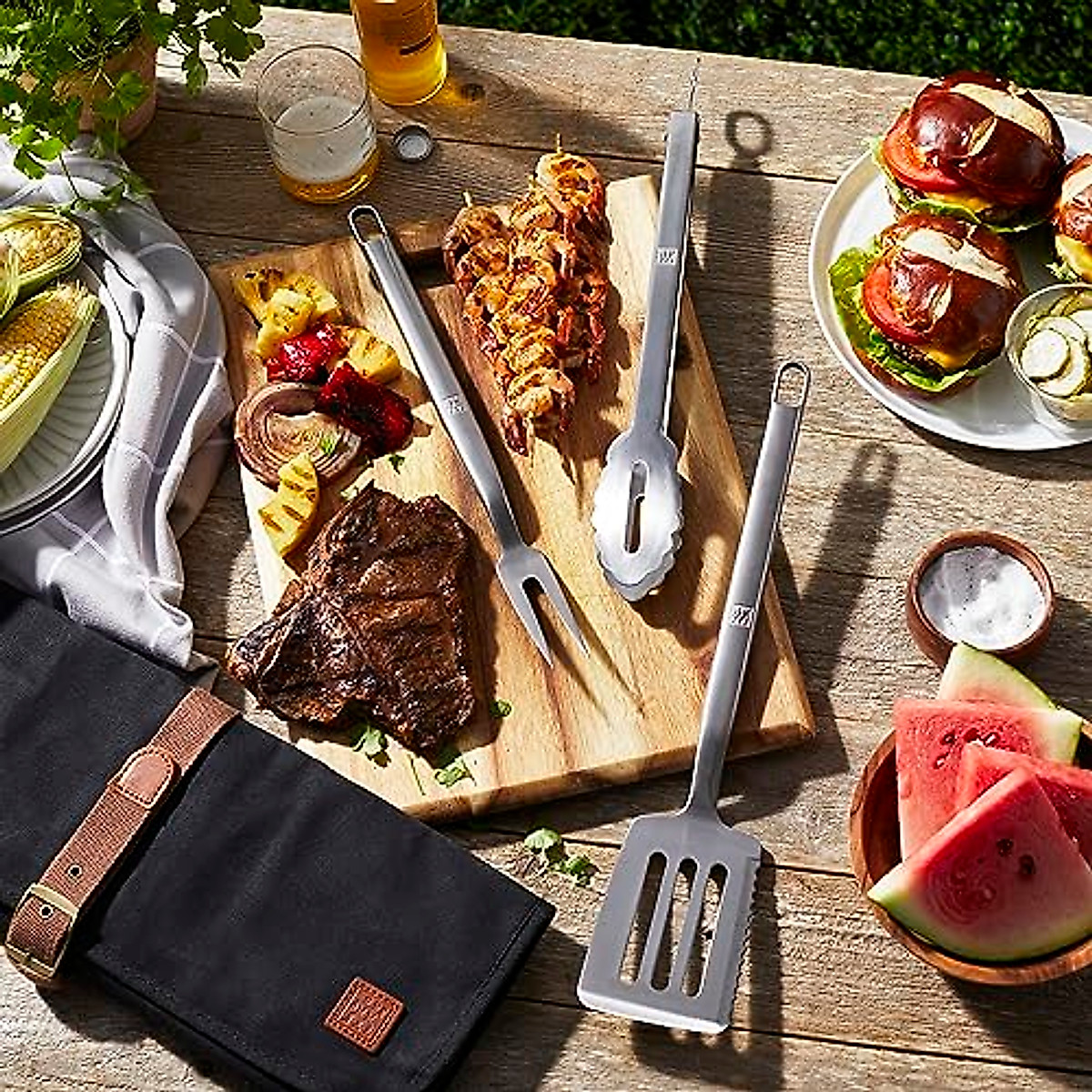 ZWILLING BBQ+ 4-pc Grill Tool Set, BBQ accessories, Grilling Gift Set, Set Includes Grill Spatula, Grill Tongs, Grill Fork and Chef's Tool Wrap, Stainless Steel, Dishwasher Safe