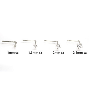 Solid 14Kt Gold Nose Ring, 22G L-Shaped Nose Stud, 14kt Yellow Gold or 14kt White Gold Nose Ring Prong Set CZ Accent-WG2.5mm