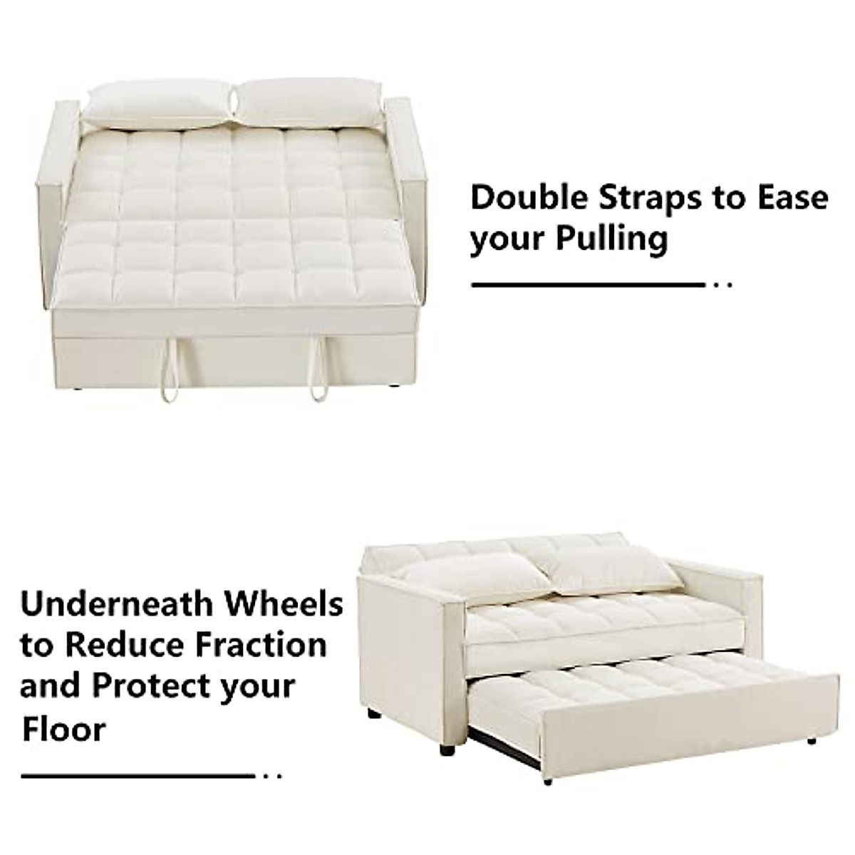 Aoowow 58 Inch Convertible Sleeper Sofa, Velvet Loveseat Sleeper Pull Out Sofa Bed Convertible Loveseat with Adjustable Backrest, 2 Pillows and Side Pockets for Living Room Small Spaces (Beige)