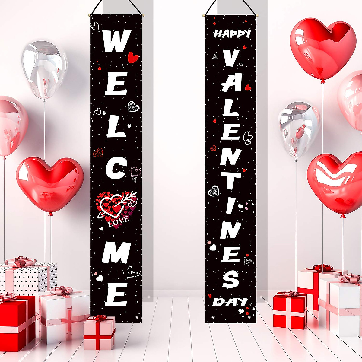 Whaline Valentines Porch Sign, Welcome and Happy Valentines Day Hanging Banners for Holiday Home Indoor Outdoor Porch Wall Valentine's Day Decoration (Black)