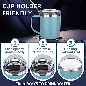 20 oz Insulated Coffee Mug with Ceramic Coating, Stainless Steel Travel Mug Tumbler with Handle Lid and Straw, Double Wall Leak-Proof Thermos Coffee Travel Mug Keeps Drink Hot and Cold (Lake Green)