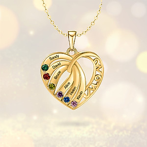 BAUMA AUTO Love Heart Pendant Necklace Mothers Name Necklace with 1-6 Simulated Birthstones Personalized Family Jewelry Gift for Women Mom (6 Names)