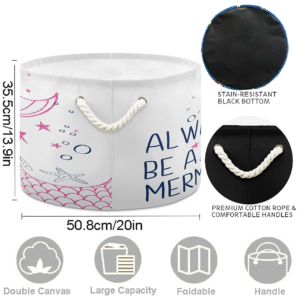 visesunny Storage Basket Mermaid Tail Nursery Hamper Basket Clothes Toy Storage Organizer Bin Box Collapsible Laundry Bag for Kid Room,Playroom,Bathroom,Living Room,Dorm,Office