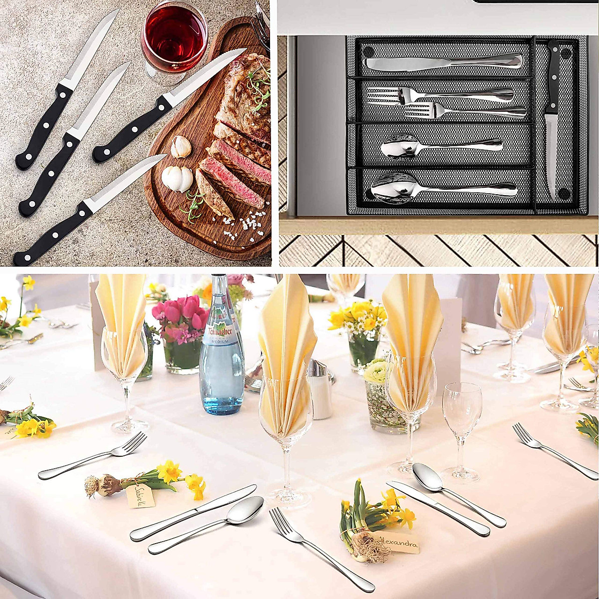 LIANYU 24-Piece Silverware Set with Steak Knives for 4, Plus Drawer Organizer, Stainless Steel Flatware Cutlery Set, Modern Eating Utensils Tableware Include Forks Sppons Knives, Dishwasher Safe
