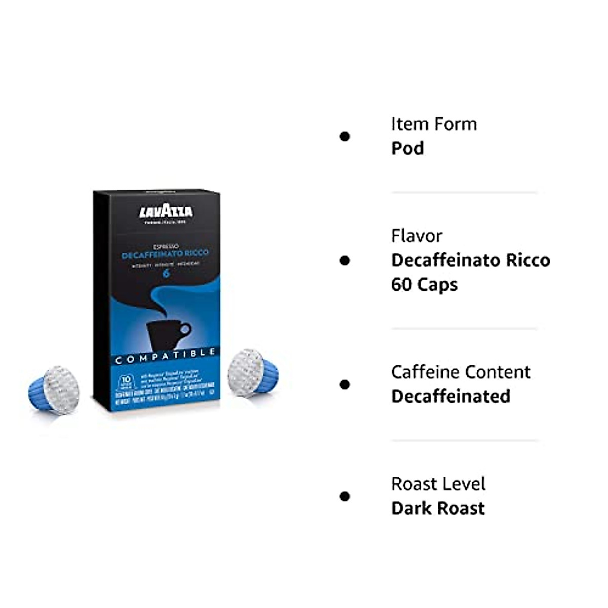 Lavazza Decaffeinato Ricco Espresso Dark Roast Capsules Compatible with Nespresso Original Machines Blended and roasted in Italy, Decaffeinated with sweet, Rich flavor, 10 Count (Pack of 6)