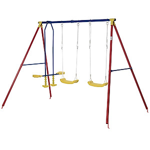 Outsunny Metal Swing Set with Glider, Two Swing Seats and Adjustable Height, Outdoor Heavy Duty A-Frame Suitable for Playground, Backyard, Multi-Color