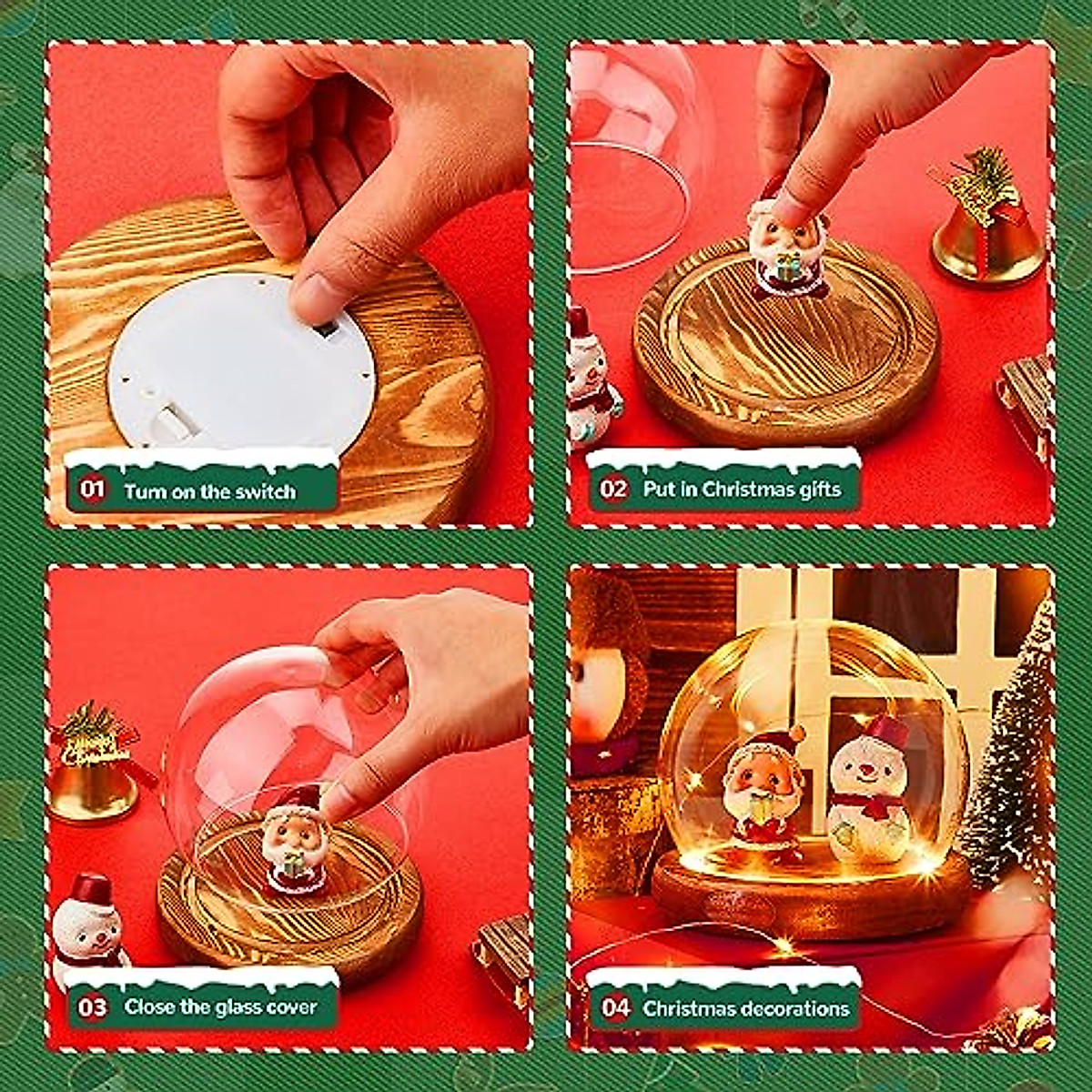 Funtery 4 Pcs 3.54 x 5 in Christmas DIY Clear Glass Dome Keepsake Globe Display Case with Light Wood Base Decorative Snow Globe Kit Plant Terrarium Decor for Women Craft Tabletop Gift (Classic Style)