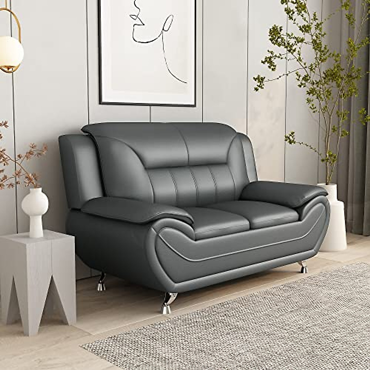 Container Furniture Direct Michael Modern Faux Leather Upholstered Stainless Steel Legs Living Room Loveseat, Gray