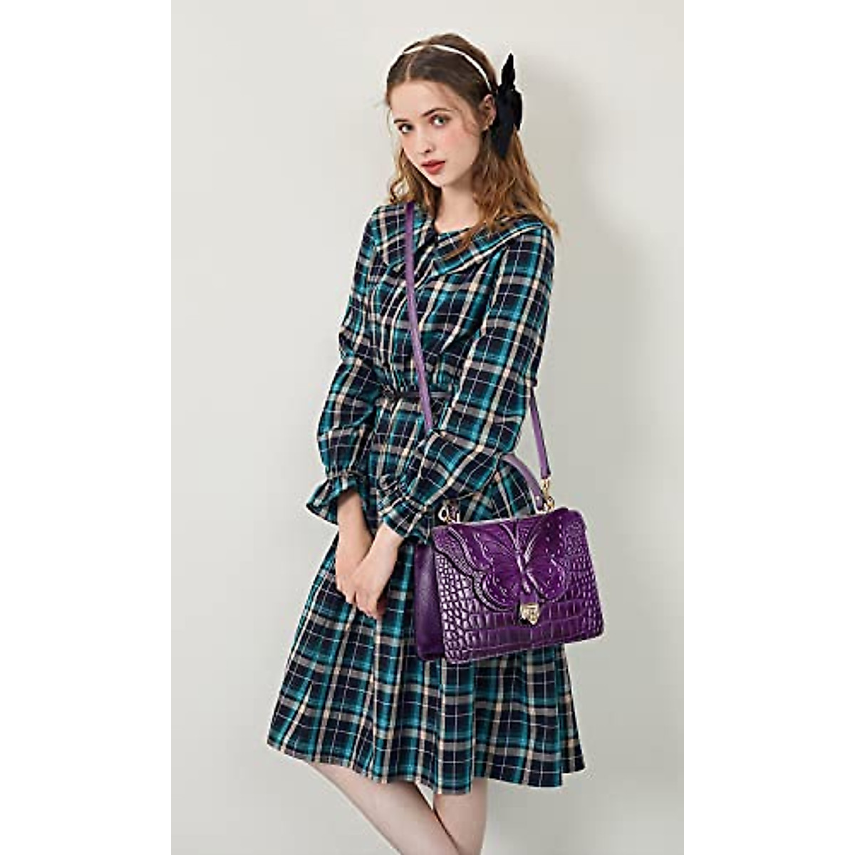 PIJUSHI Designer Crocodile Leather Handbags for Women Crossbody Satchel Bag with Butterfly(66296 Purple)