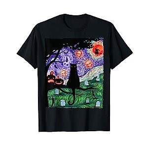 Scary Night Cat Van Gogh- Cat Black Halloween Pumpkin Art T-Shirt