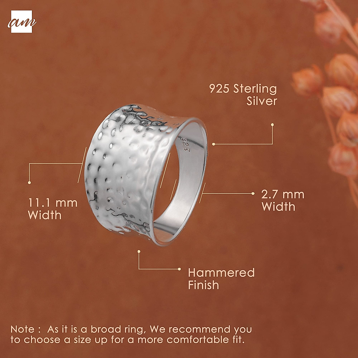 Amberta Women's 925 Sterling Silver Hammered Ring: Size 8.5