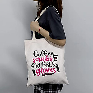 LEVLO Funny Nurse RN Tote Bags Nurse Appreciation Gift Coffee Scrubs And Rubber Gloves Shopping Bags Nurse Graduation Gift (Coffee Scrubs And Rubber Gloves)