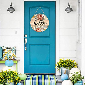 FWIEXA Vintage Hello Sign for Front Door, Boho Hello Spring Door Sign with Flowers, Colorful Floral Welcome Wooden Hanging Sign Decor for Entryway Front Porch Yard (12"x 12")