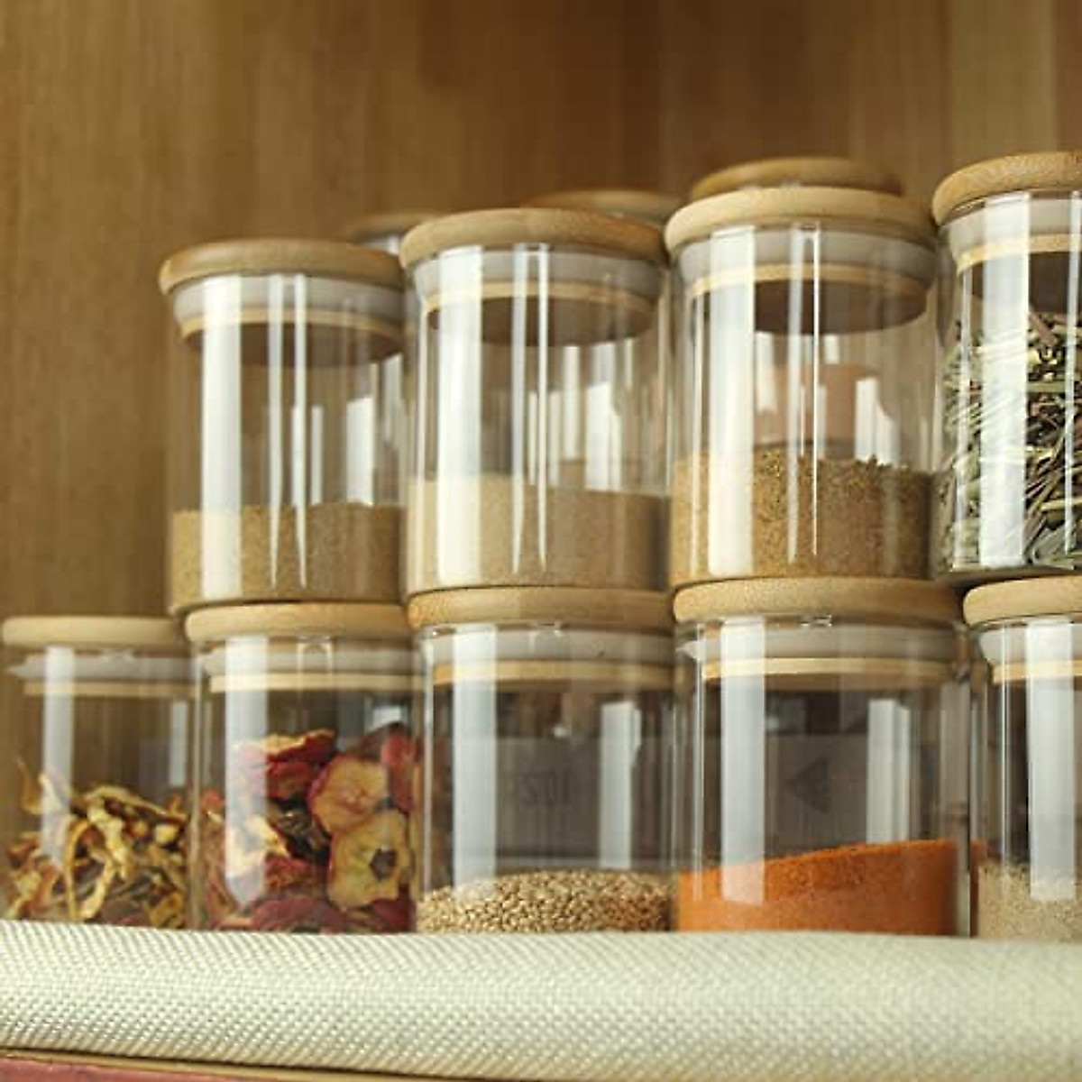 ZRRHOO 16 Pack Glass Jars with Bamboo Lids, 7.5 oz Airtight Spice Jars Set with Extra Labels and Pen, for Dry Food Canisters, Spice, Coffee, Beans, Candy, Nuts, Herbs