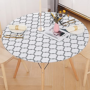 smiry Round Tablecloth, Waterproof Elastic Fitted Table Covers for 36" - 44" Tables, Wipeable Flannel Backed Vinyl Tablecloths for Picnic, Camping, Dining, Indoor and Outdoor, White Morocco