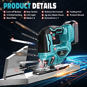Jig Saw for Makita 18V Battery, Cordless Jigsaw Tool Brushless Motor, Variable Speed, Bevel Angle (0°-45°), LED Light with 3 Position Orbital Setting for Straight/Curve/Circle/Cutts (No Battery)