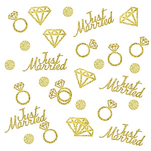 AIEX 300pcs Gold Wedding Table Confetti, Glitter Paper Confetti Just Married Diamond Ring Dots Confetti Table Decorations for Bridal Shower Wedding Bachelor Party