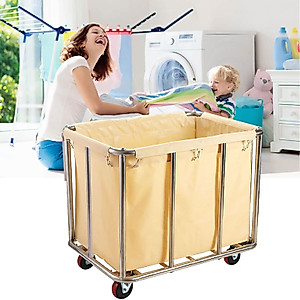Commercial Laundry Cart with Wheels, 11.35 Bushels Large Laundry Roller with Removable Waterproof Canvas Lined Basket, Heavy Duty Stainless Steel Laundry Basket for Hotels and Hospitals