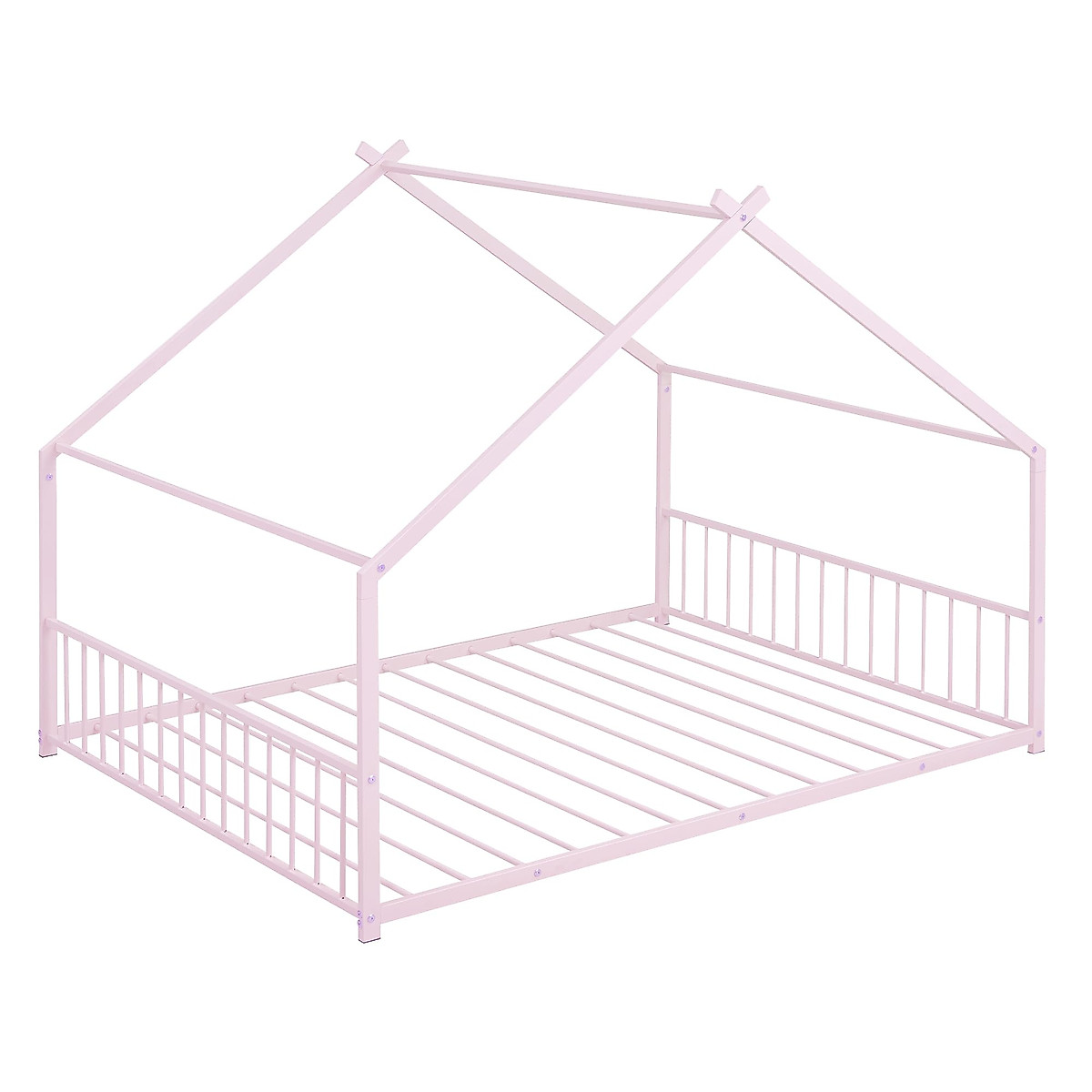 KTATK Metal Full Size House Bed with Roof and Slats Support,Playhouse Design Montessori Floor Bed Frame W/Headboard & Footboard,No Box Spring Needed,for Kids Girls Boys,Pink
