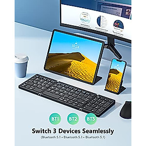Samsers Multi-Device Foldable Bluetooth Keyboard with Numeric Keypad Rechargeable Wireless Keyboard (BT5.1 x 3) with Holder, Portable Pocket Folding Keyboard for iOS Android Windows Mac OS - Black