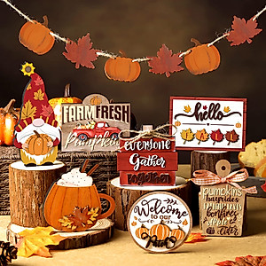 Set of 15 Fall Tiered Tray Decor Pumpkins Farmhouse Decor Autumn Maple Leaf Table Centerpieces Thanksgiving Harvest Wood Blocks Signs for Home Decor(Bright Style)