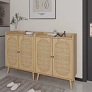 Wirrytor Rattan Shoe Cabinet, 16 Pairs Shoe Storage Cabinet With 4 Rattan Doors,4-Tier Modern Entryway Organizer Cabinet,Freestanding Shoe Rack Organizer Cabinet for Closet Hallway Living Room,Natural