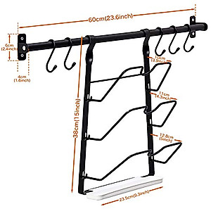EZOWare Hanging Pot Lid Organizer Holder Rack with Drainboard Set, Includes 23.6 inch Kitchen Wall Mounted Rail Rod with 5 S Hooks for Utensils Pots Pans Lids - Black