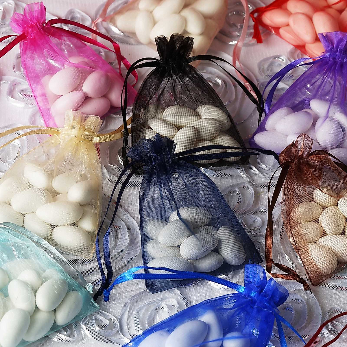 TABLECLOTHSFACTORY 10PCS WHITE Organza Gift Bag Drawstring Pouch Wedding Favors Bridal Shower Treat Jewelry Bags - 3"x4"