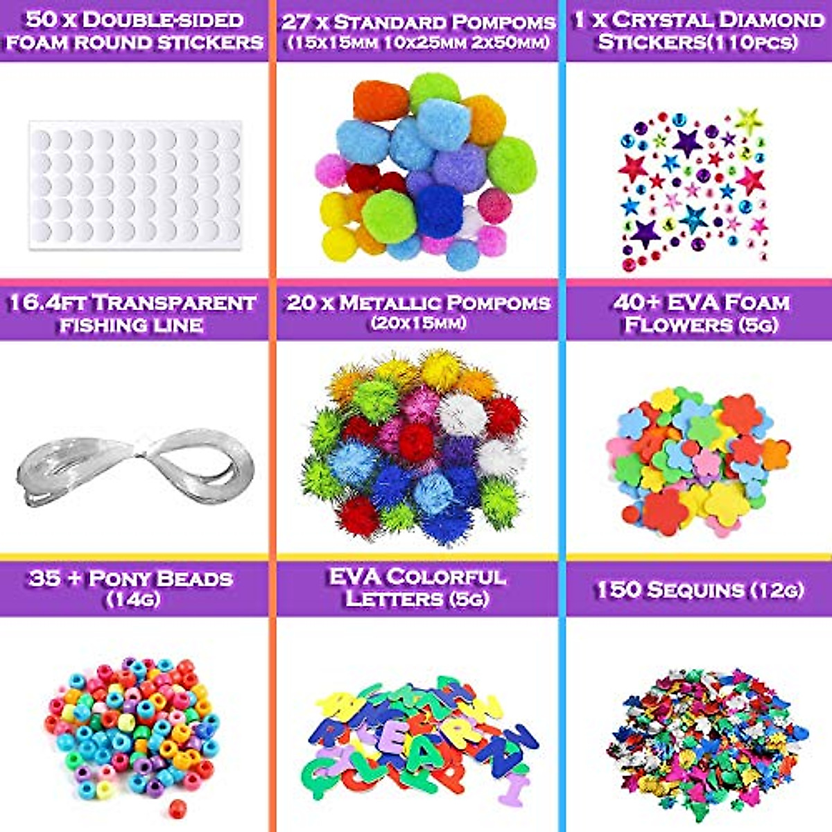 MOISO Kids Crafts and Art Supplies Jar Kit - 560+ Piece Set - Make Bracelets and Necklaces - Plus Glitter Glue, Construction Paper, Colored Popsicle Sticks, Google Eyes, Pipe Cleaners…