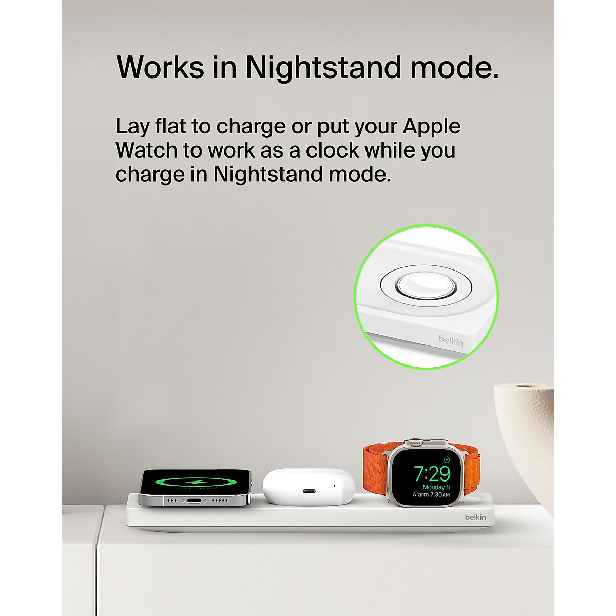 Belkin MagSafe 3-in-1 Wireless Charging Pad - Fast Wireless Charging for Apple Watch, iPhone 15, iPhone 14, iPhone 13, & iPhone 12 Series, & AirPods - Charging Station for Multiple Devices - White