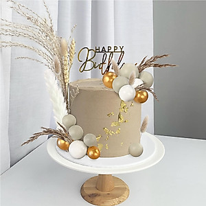 50 PCS Boho Cake Toppers Mini Balls Cake Topper Various Dried Pampas Grass Cake Decor for Boho Home Wedding Cake Decoration (Grey White Gold)