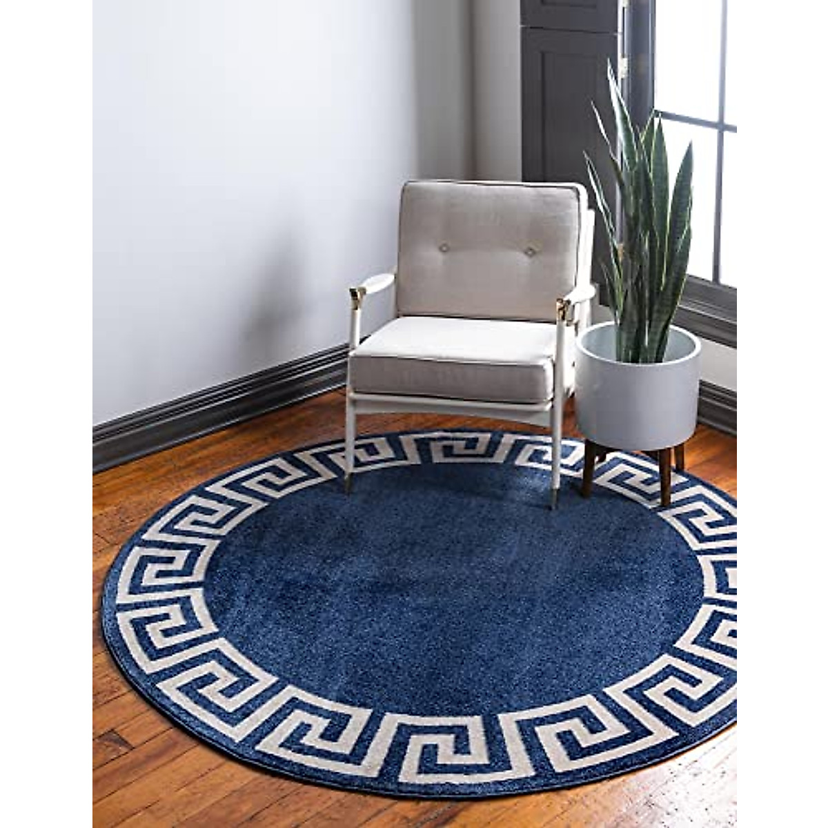 Unique Loom Athens Collection Classic Geometric Modern Border Design Area Rug, Round 8' 0" x 8' 0", Navy Blue/Beige