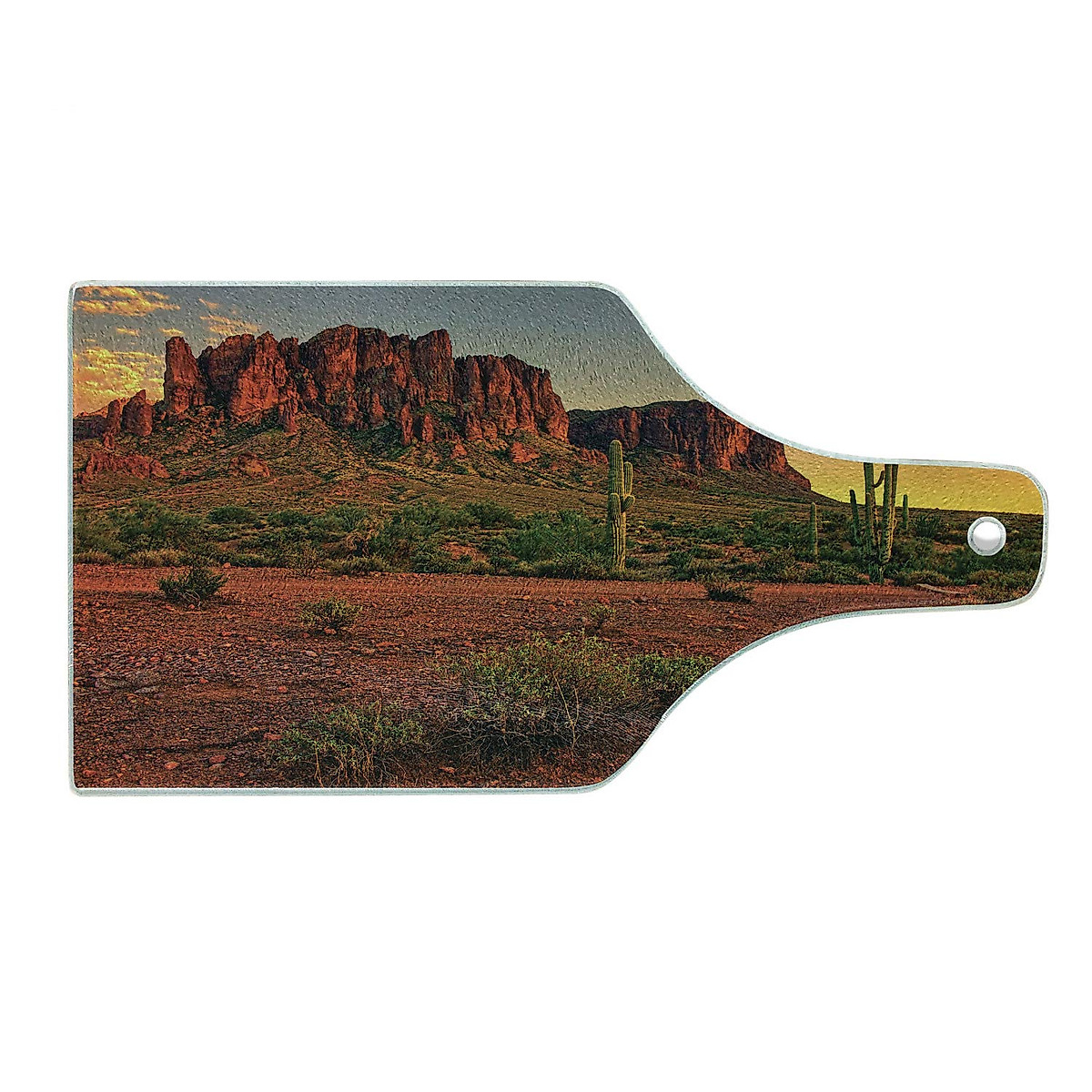 Lunarable Saguaro Cutting Board, Colorful Sunset View of the Desert and Mountains near Phoenix Arizona USA, Decorative Tempered Glass Cutting and Serving Board, Wine Bottle Shape, Red Green Yellow