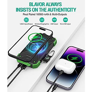 BLAVOR Solar Charger Power Bank, Qi Wireless Charger 10,000mAh External Battery Pack Type C Input Output Dual Super Bright Flashlight, Compass Carabiner, Solar Panel Charging(Dark Green)