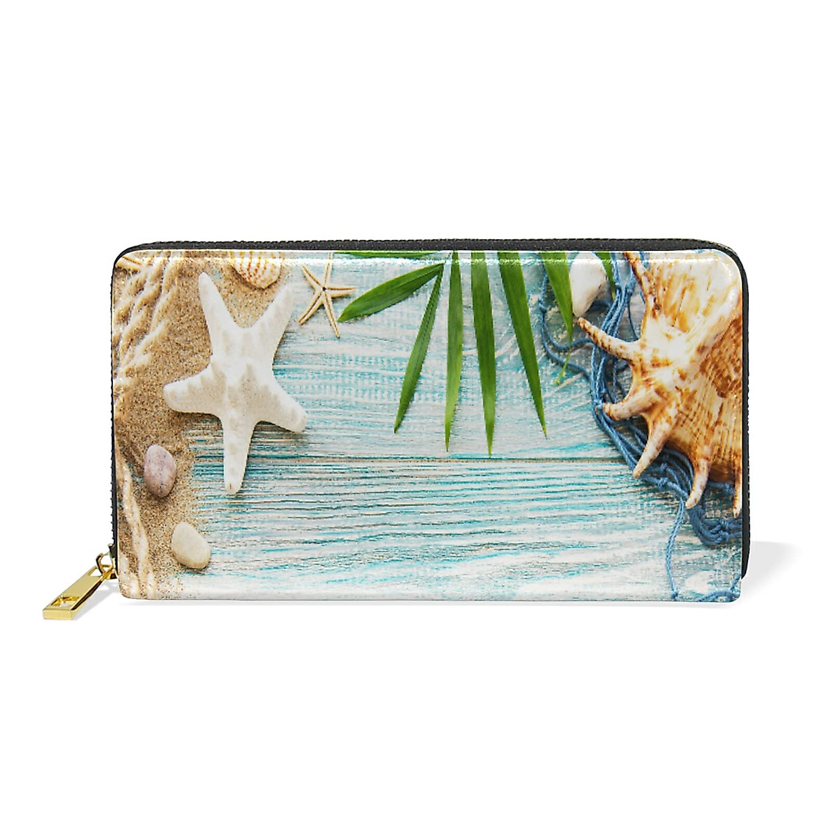 Beach Seashell Starfishes Leather Long Wallet Organizer with Zipper Purse Clutch Bag for Women Men