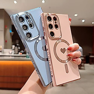 VANIPUFF Magnetic Phone Case for Samsung Galaxy S22 Ultra 5g [Compatible with MagSafe] Luxury Plating Cute Heart Pattern Soft Silicone Protective Shockproof Cover for Galaxy S22 Ultra 6.8” (Pink)