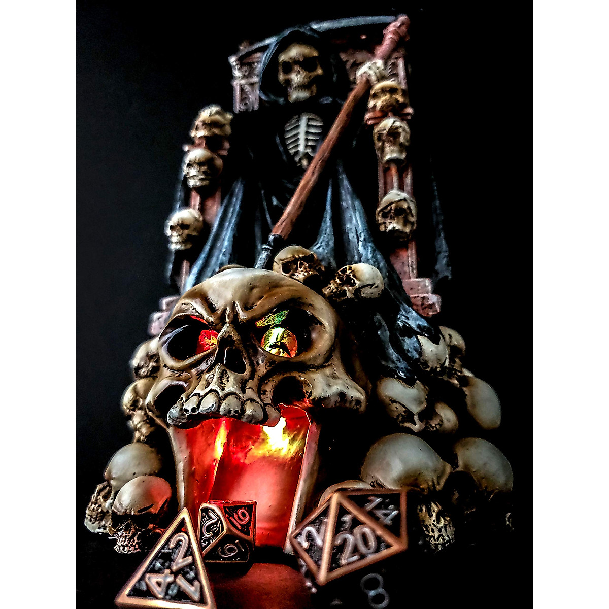 Forged Dice Co. Grim Bones Dice Tower with LED Skull - Hand Painted Grim Reaper Dice Rolling Tower Made from Heavy Duty Resin - Compatible with DND Accessories and Tabletop RPG Games