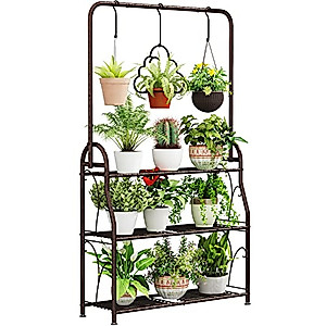 SORCEDAS Plant Stand 3 Tier Indoor Outdoor Tall Corner Hanging Plant Shelf Metal Flower Stands Ladder Plant Holder for Room Balcony Garden Patio Multiple Plants, Bronze