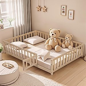 Harper & Bright Designs Floor Bed Full Size Montessori Bed Frame with Fence and Door, Wooden Full Platform Bed for Kids, Boys Girls, Slats Included, No Box Spring Needed, Natural
